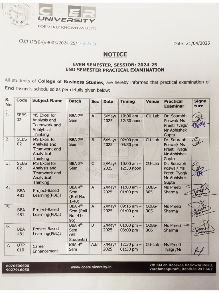 End Semester Practical Schedule | PDF