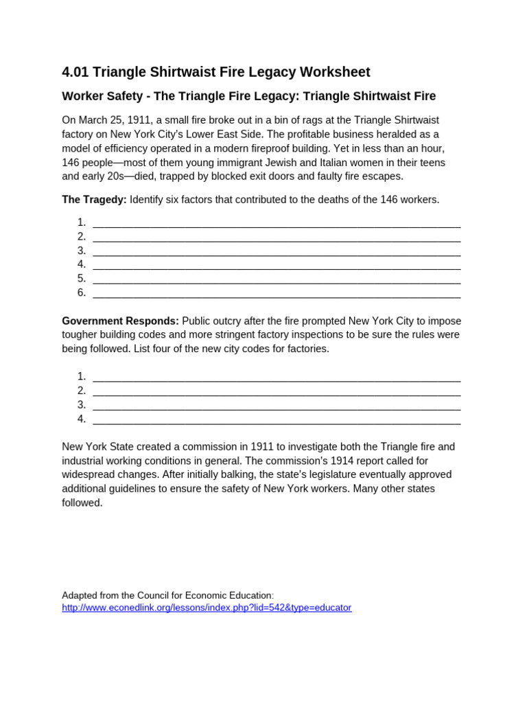 Triangle Shirtwaist Fire Legacy Worksheet | PDF