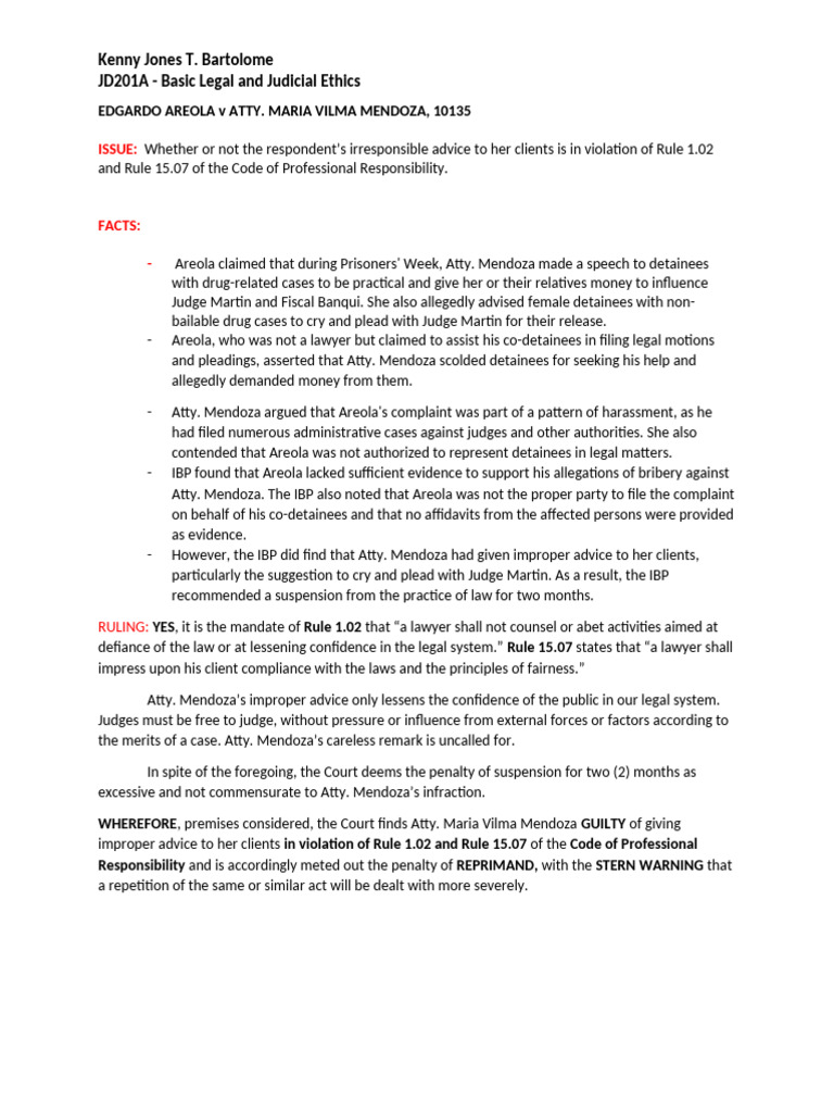 Atty. Mendoza's Ethics Violation Ruling | PDF | Public Law | Justice