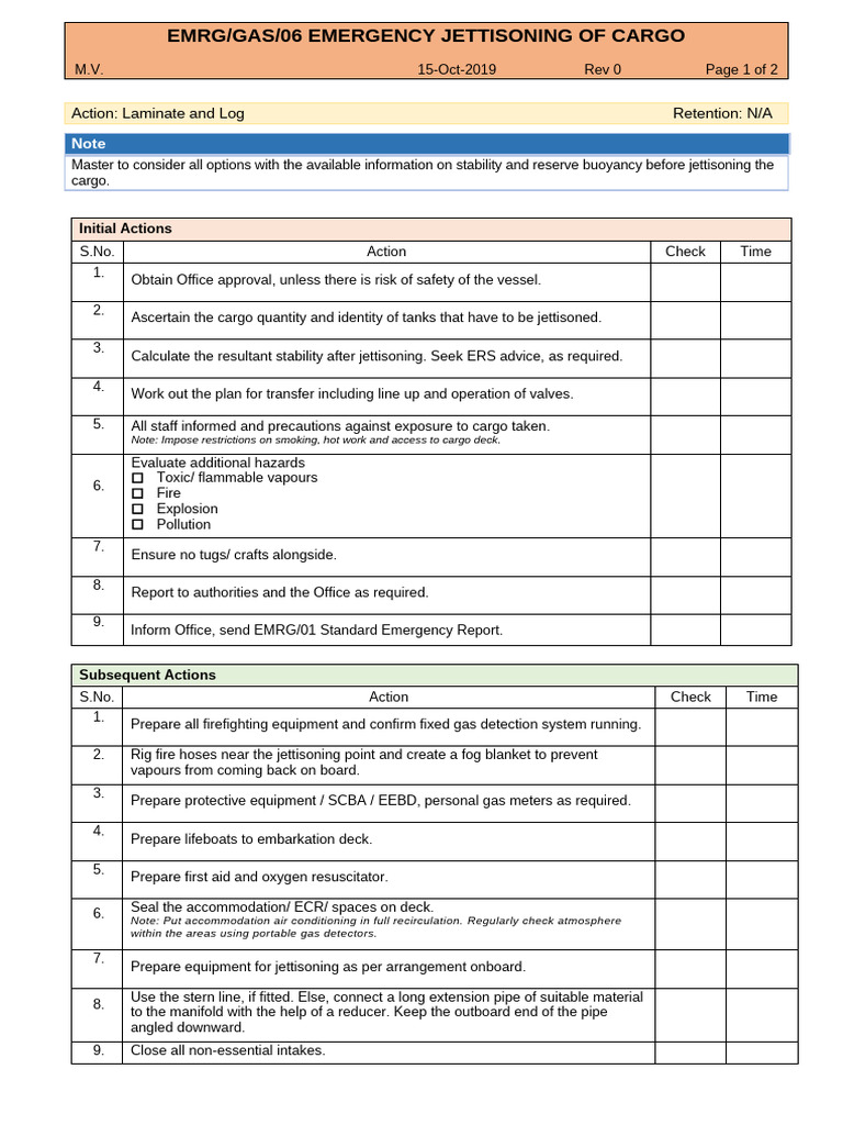 EMRG-GAS-06 Emergency Jettisoning of Cargo | PDF | Occupational Safety And Health