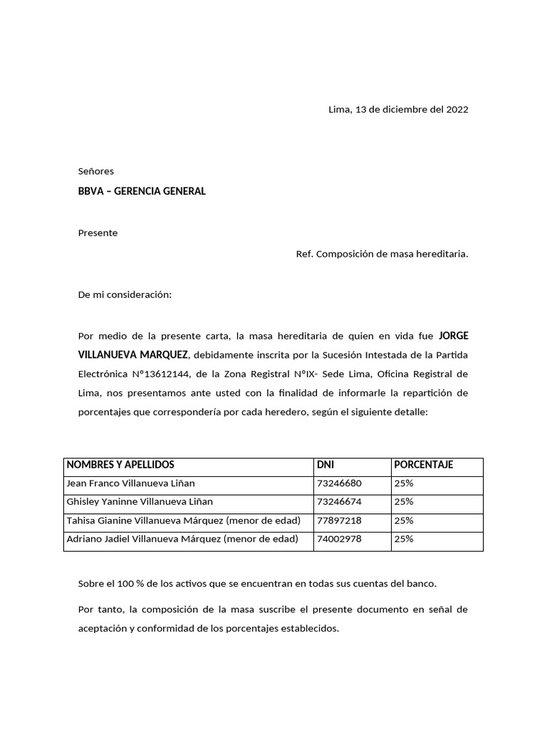 Repartición de Masa Hereditaria de Jorge Villanueva | PDF