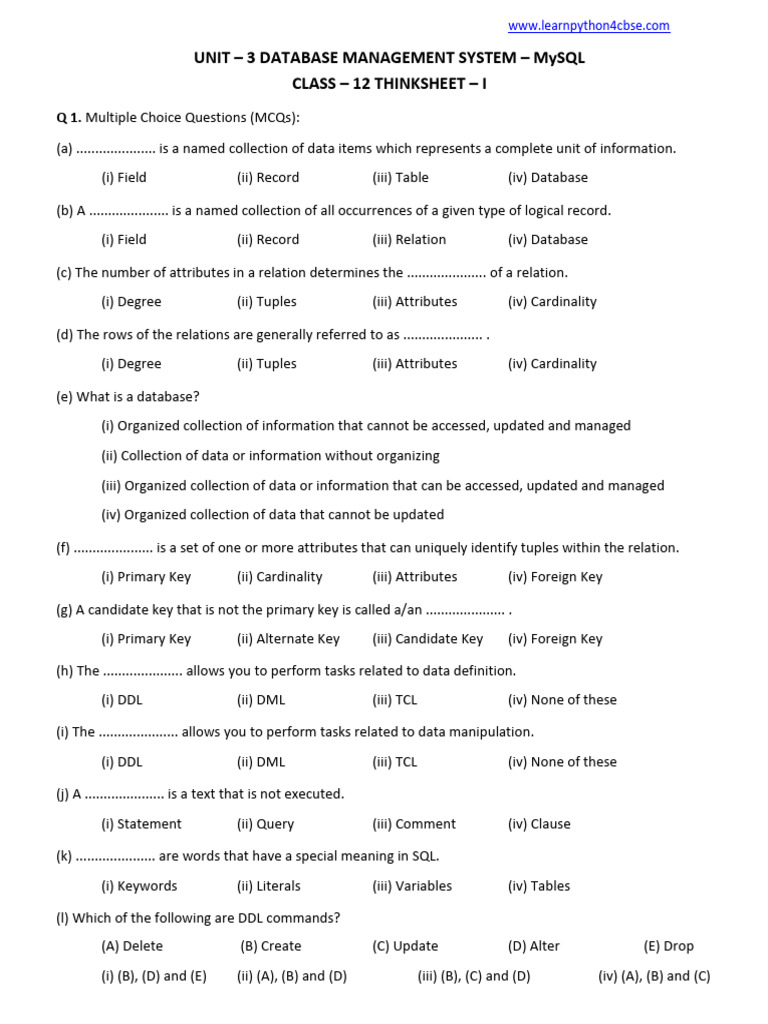 THINKSHEET - CLASS 12 DATABASE MANAGEMENT SYSYTEM 2025.docx (2) | PDF | Relational Model | Databases
