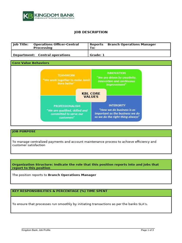 JD Operations Officer - Central Processing Unit1 | PDF | Banks | Cash