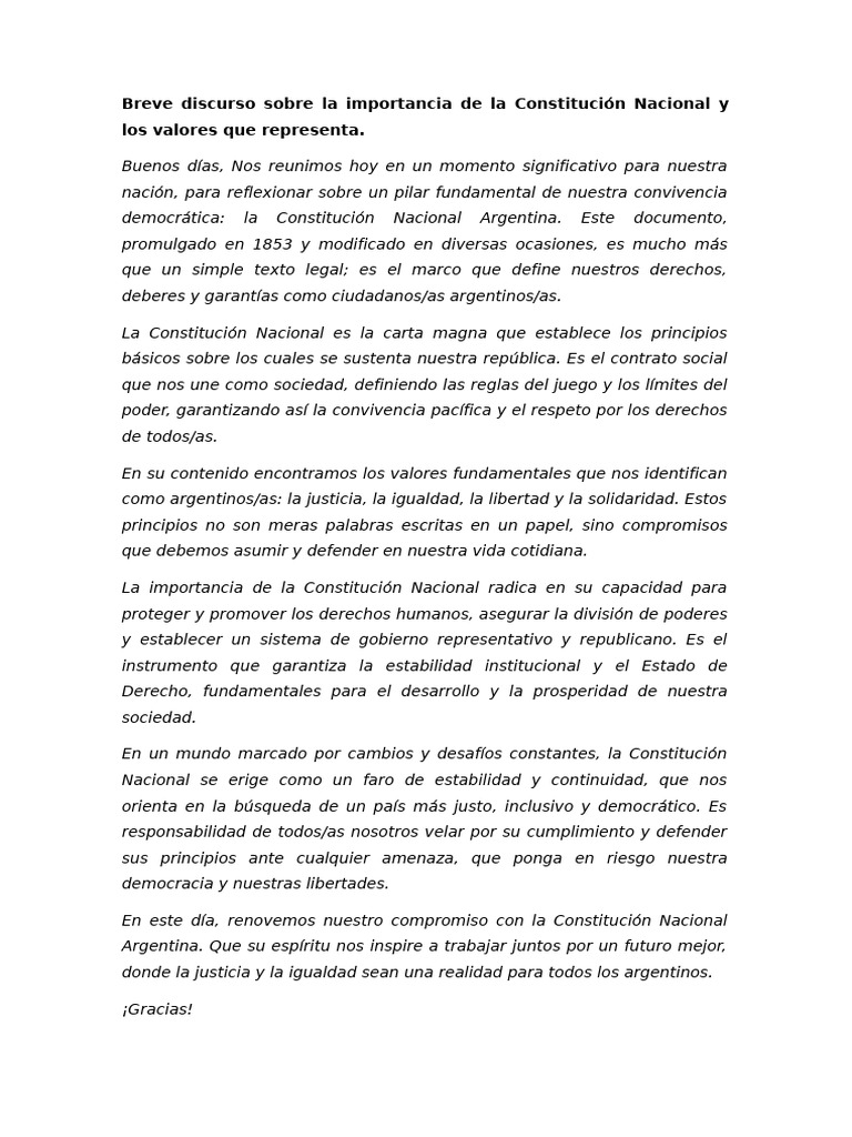 Breve Discurso Sobre La Importancia de La Constitución Nacional y Los Valores Que Representa | PDF