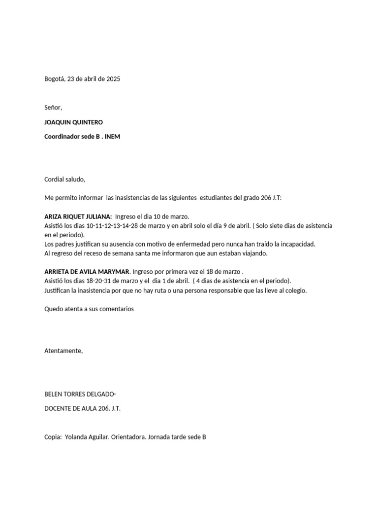 Carta Informe Inasistencias. | PDF