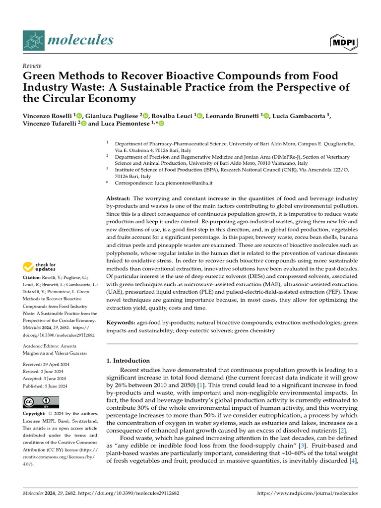 Green Methods To Recover Bioactive Compounds From Food Industry Waste A ...