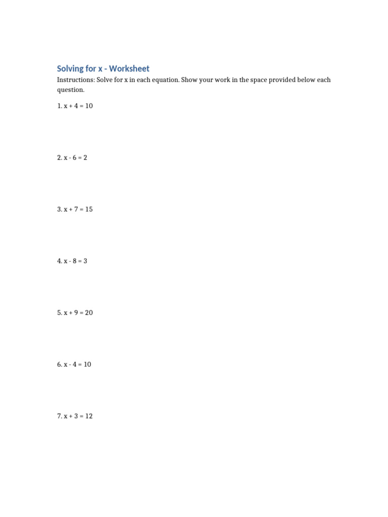 Solving for x Worksheet With Space | PDF
