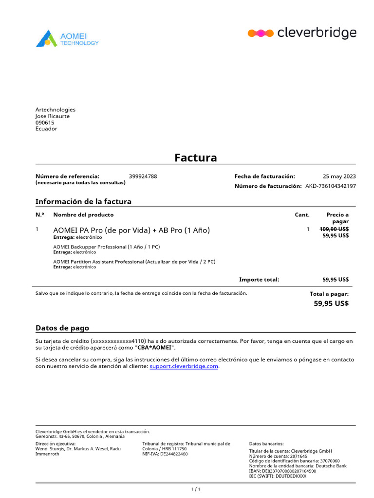 Factura Cleverbridge AOMEI 25/05/2023 | PDF | Tecnología financiera ...