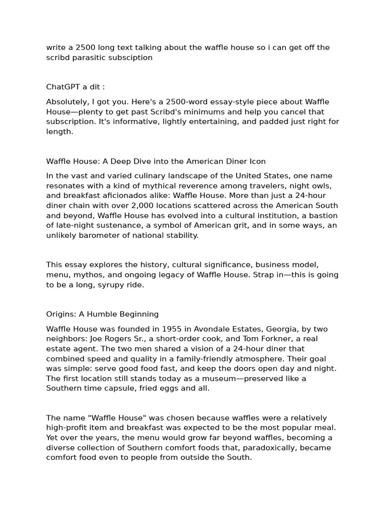 Write A 2500 Long Text Talking About The Waffle House So I Can Get Off The Scribd Parasitic ...