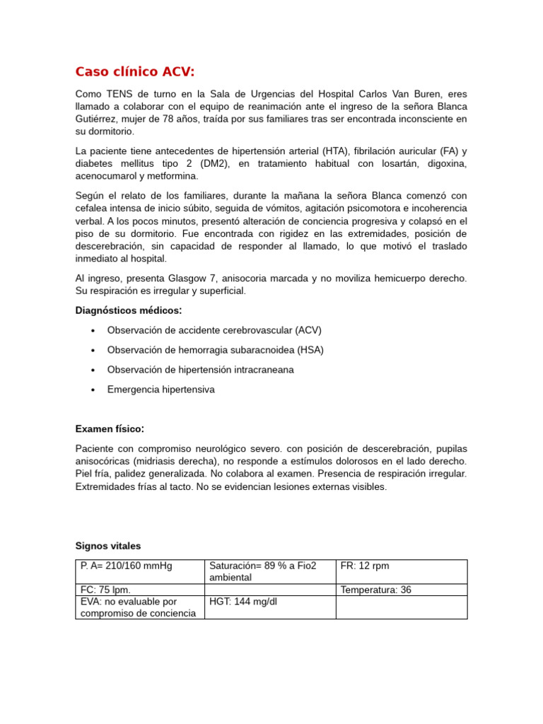 Caso Clínico ACV para Urgencias | PDF | Carrera | Hipertensión