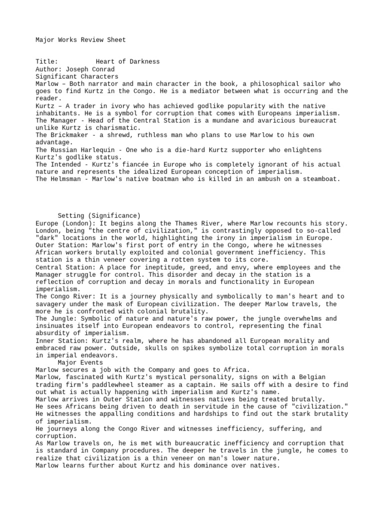 AP Literature Major Works Review Sheet | PDF | Kurtz (Heart Of Darkness ...