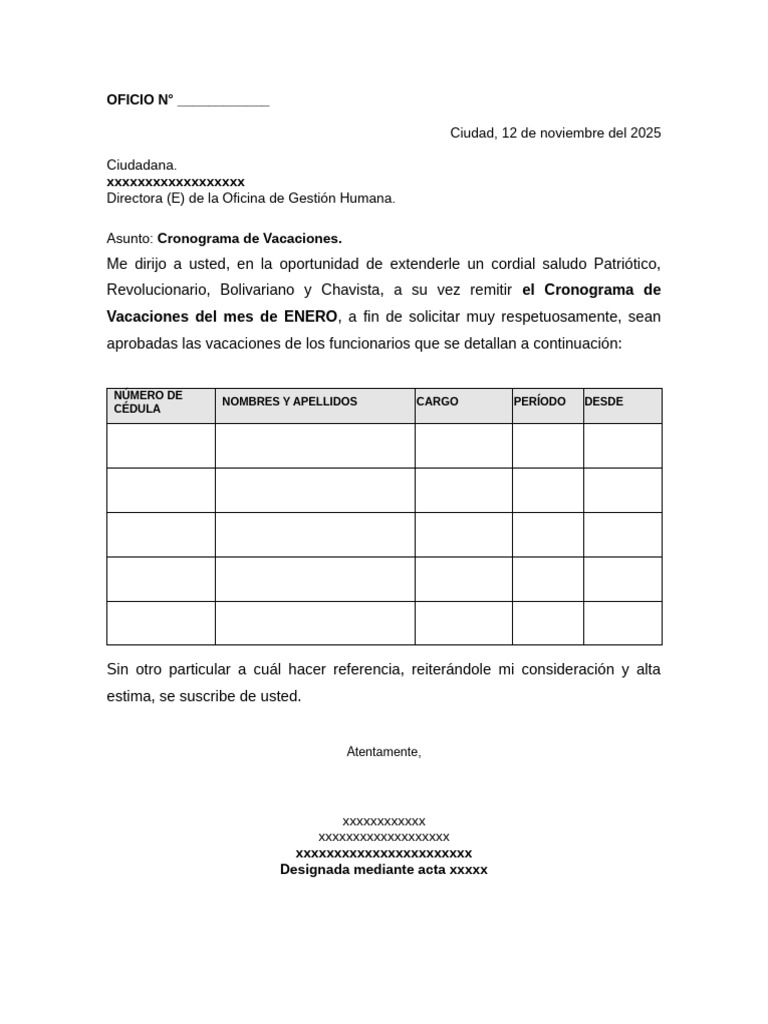 Oficio De Pre Aprobación De Vacaciones 2025 Pdf
