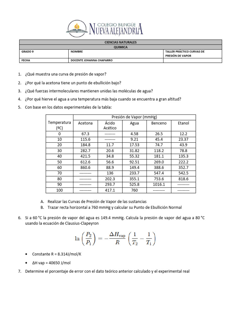 Taller Curvas de Presion de Vapor 9 | PDF | Vapor | Química Física