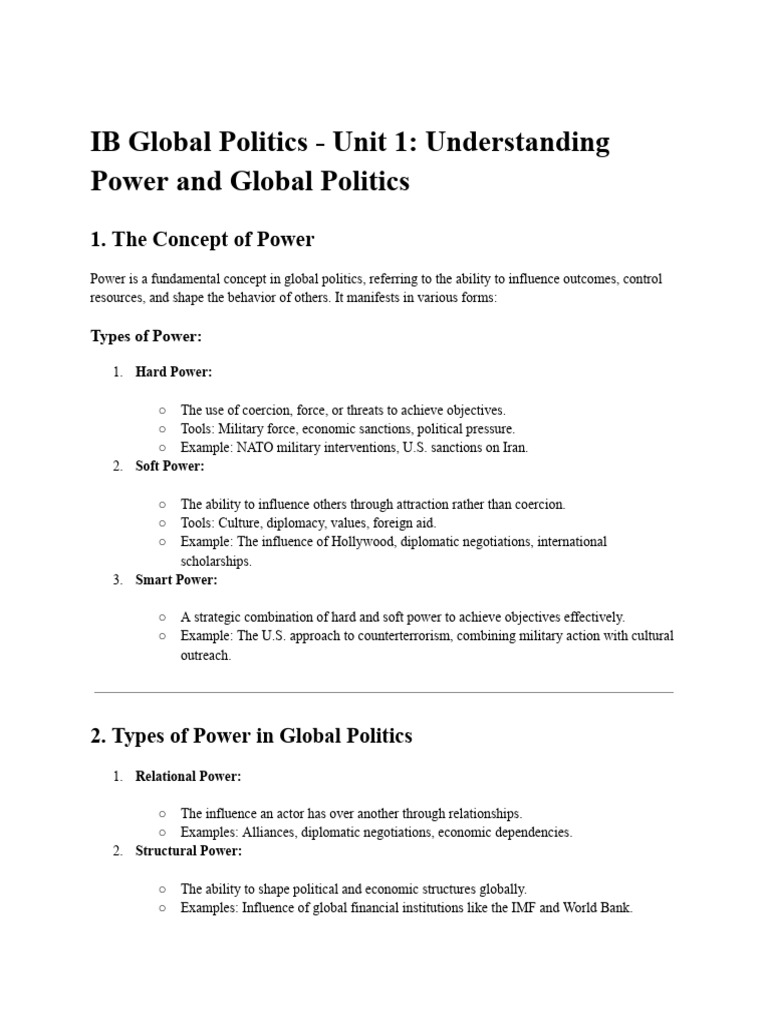 IB Global Politics - Unit 1 - Understanding Power and Global Politics ...
