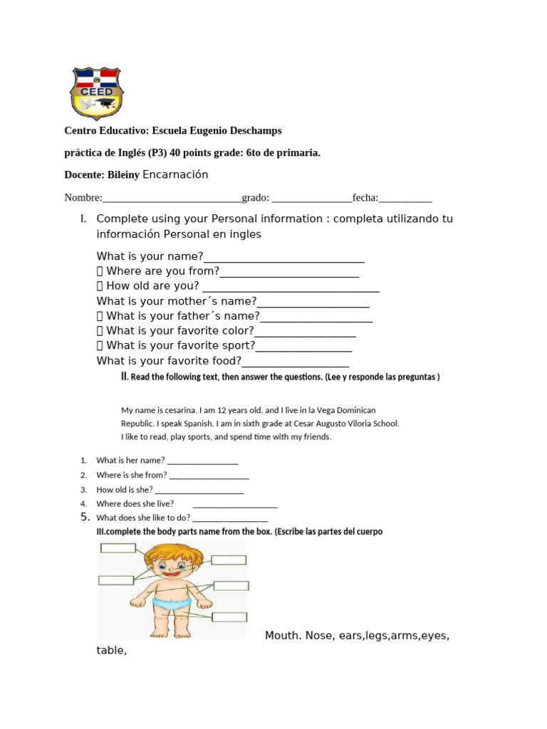 Práctica de Inglés (P3) 6to, Bileiny | PDF