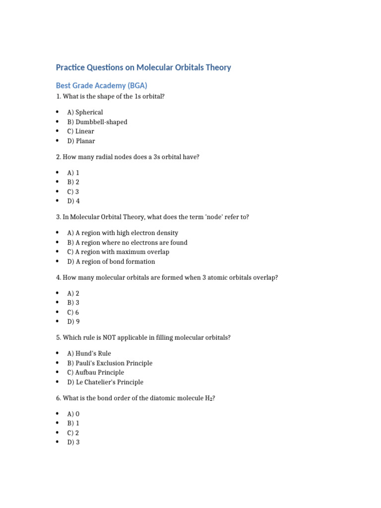 Molecular Orbitals Theory Questions-1-1 | PDF | Molecular Orbital ...