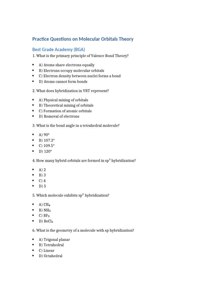 Molecular Orbitals Theory Complete Questions | PDF | Chemical Bond ...