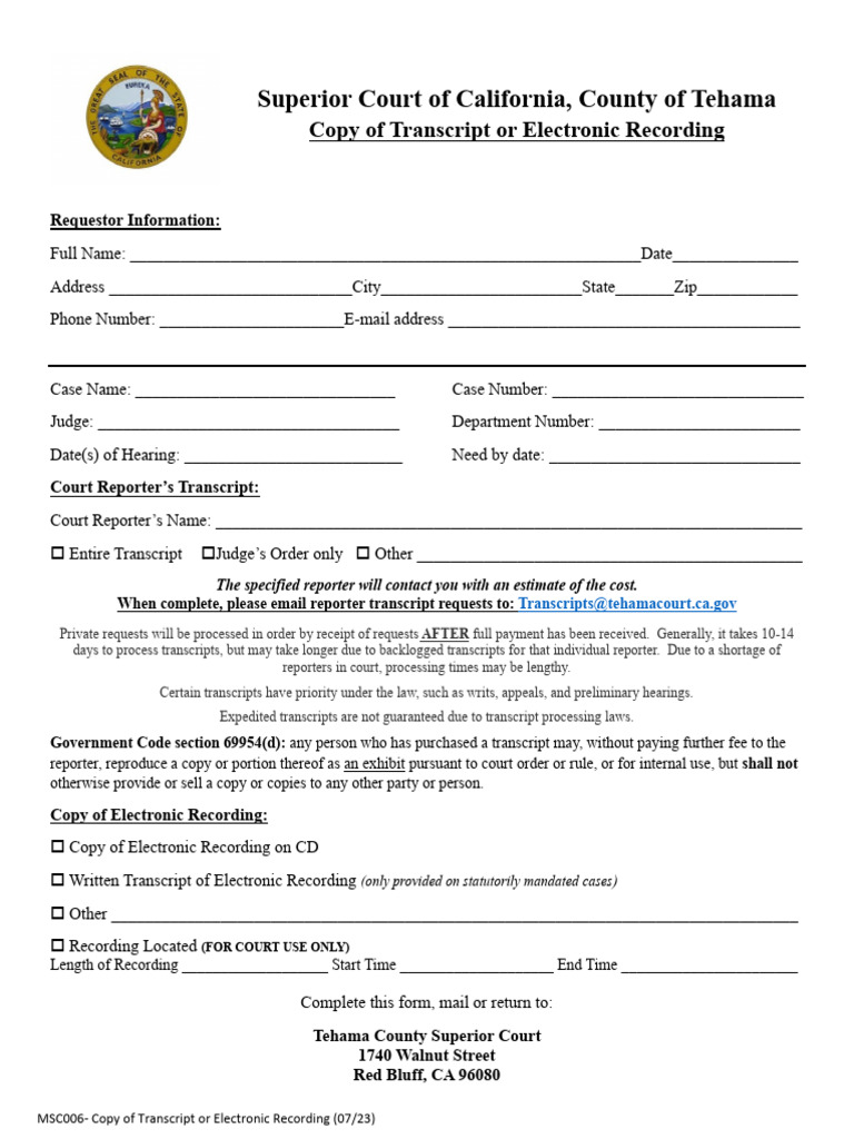 Msc006 Request Copy Transcript or Electronic Recording | PDF | Common ...