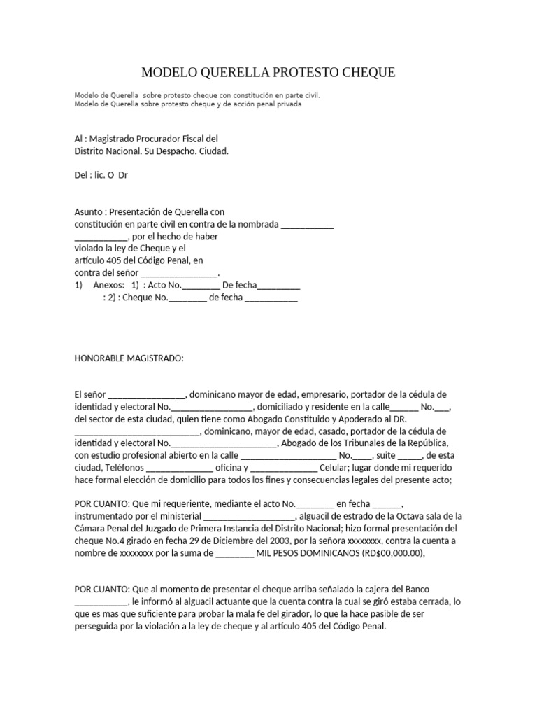 Modelo Querella Protesto Cheque | PDF | Queja | Ley Pública
