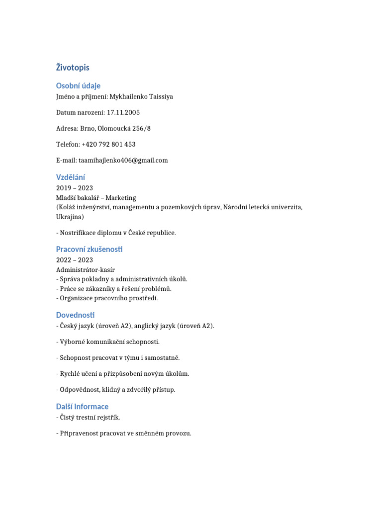 Mykhailenko_Taissiya_Zivotopis | PDF