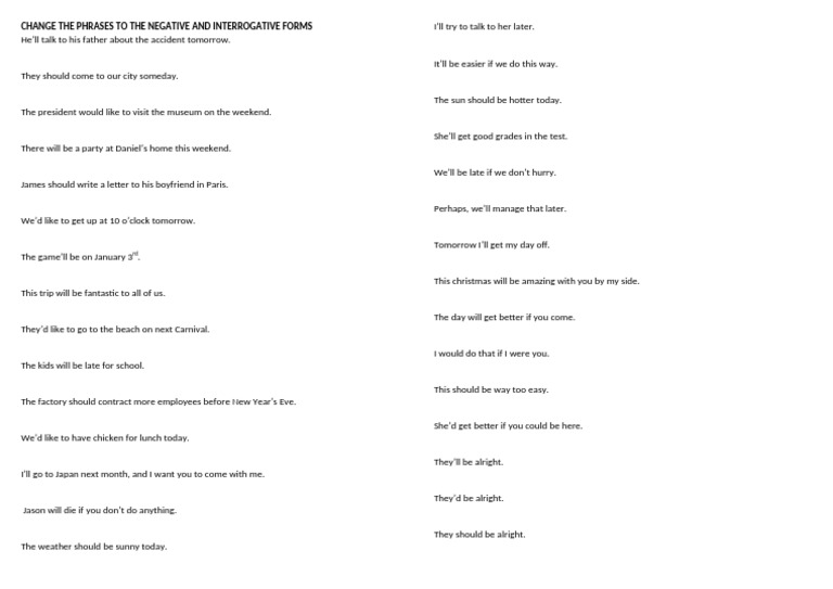 Negative and Interrogative Sentence Transformations | PDF