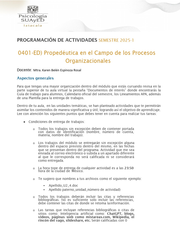 Programación de Actividades 2025-1 0401 | PDF | Sicología | Comportamiento