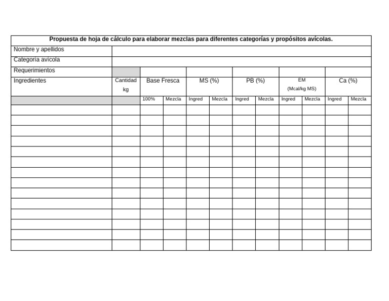 Hoja de C - Lculo de Mezclas Aves Paraguay | PDF