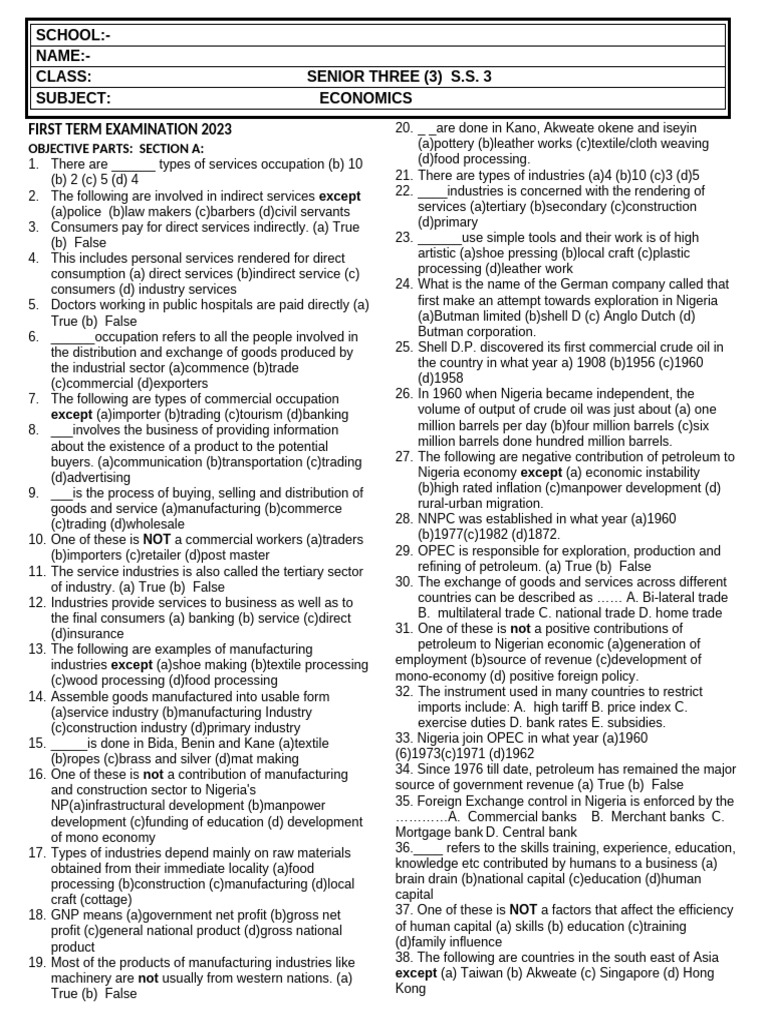 Economics SS3 Exam 1ST Term | PDF | Balance Of Payments | Balance Of Trade