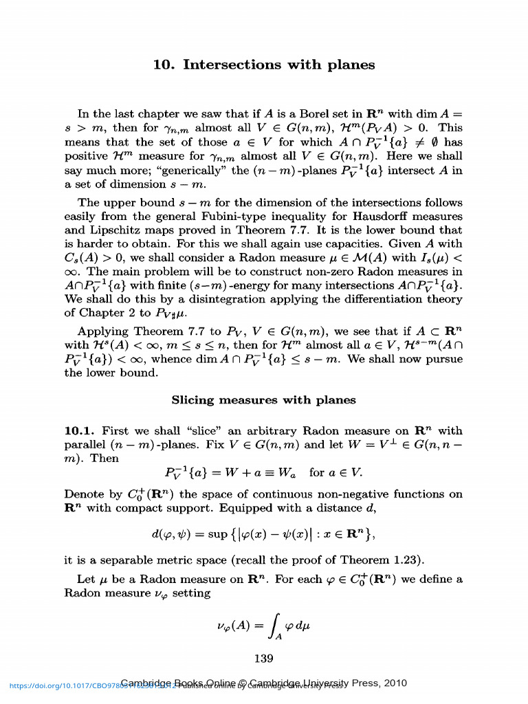 Geometry Of Sets And Measures In Euclidean Spaces Intersections With Planes Pdf