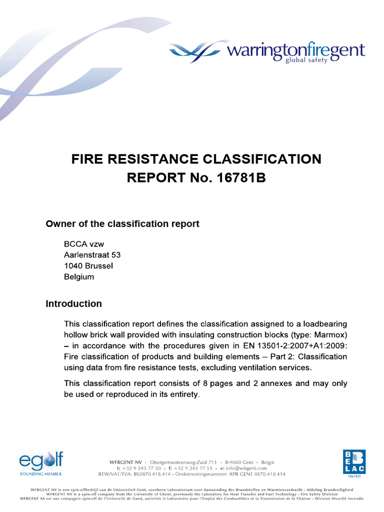 Fire Resistance Classification Report 16781B | PDF