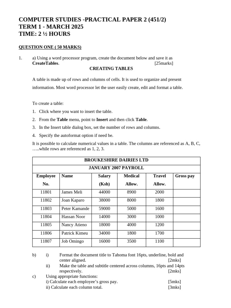 Computer Studies F4T1 Practical 2025 QS | PDF | Computing | Data Management