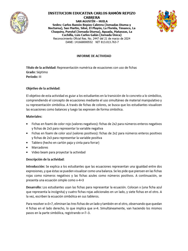 Informe de Actividad Septimo - Construcción Ecuaciones Fase Ii | PDF | Ecuaciones | Matemáticas