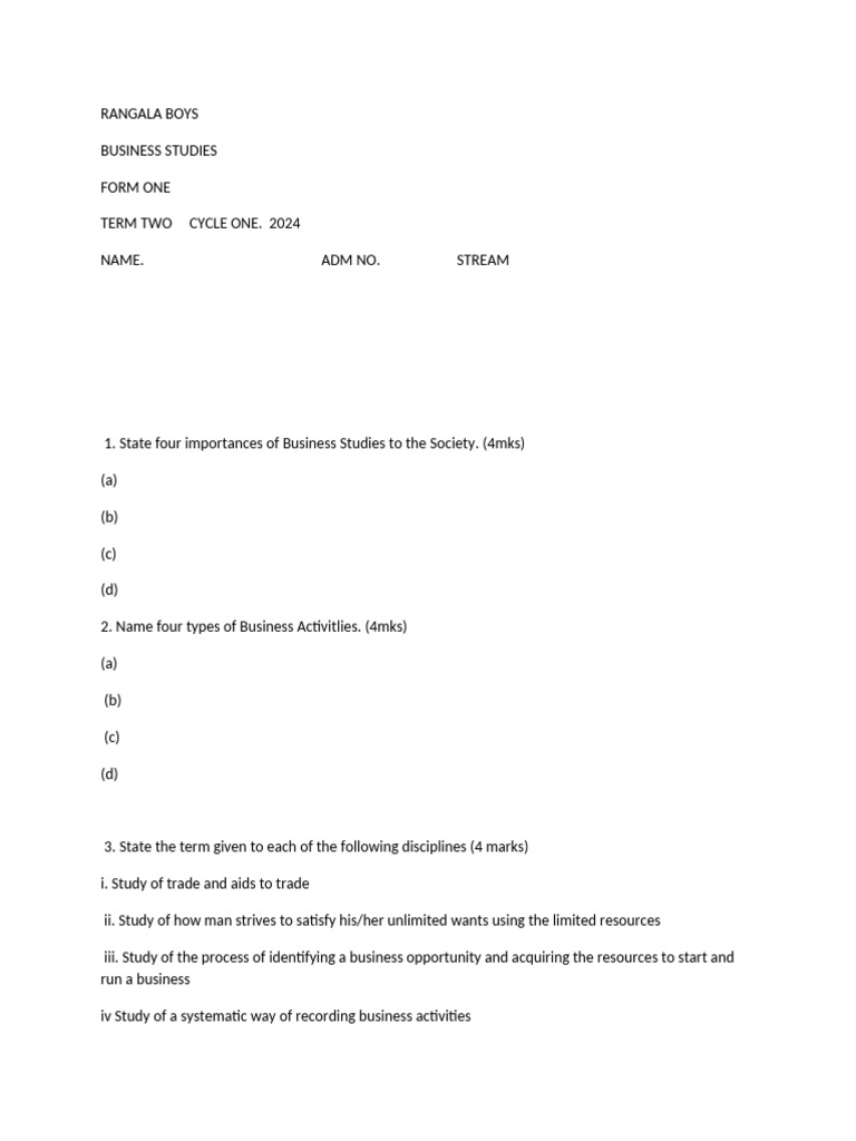 Business Studies Form One Questions | PDF | Entrepreneurship | Economies