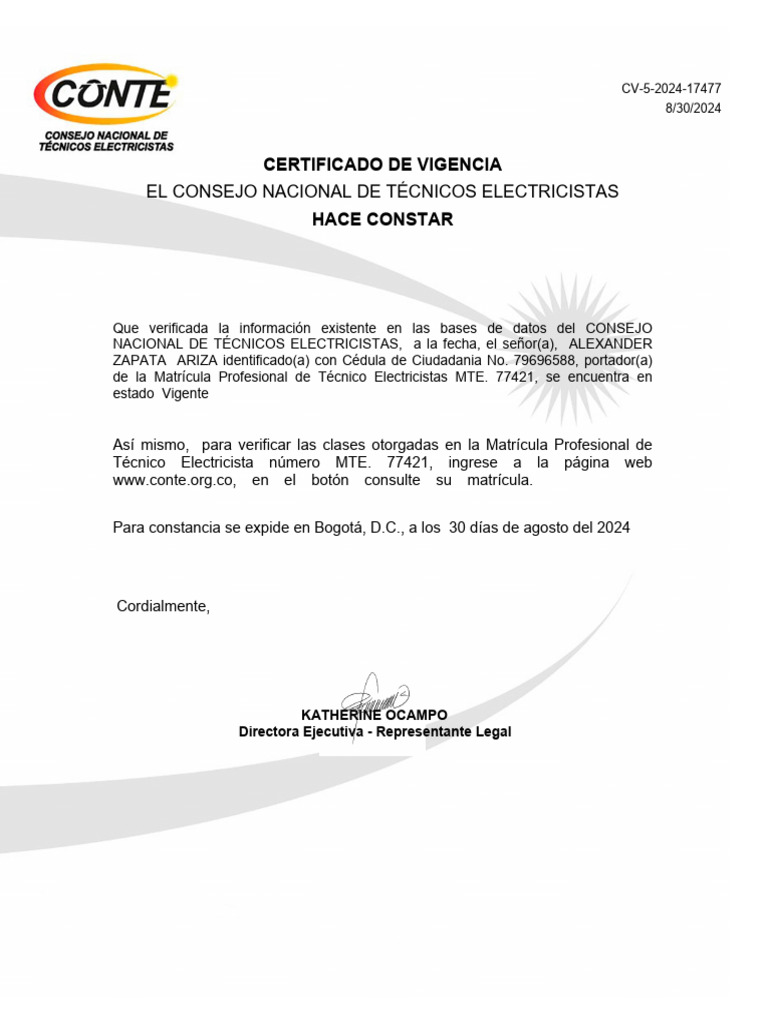 Certificado de Vigencia Técnico Electricista | PDF