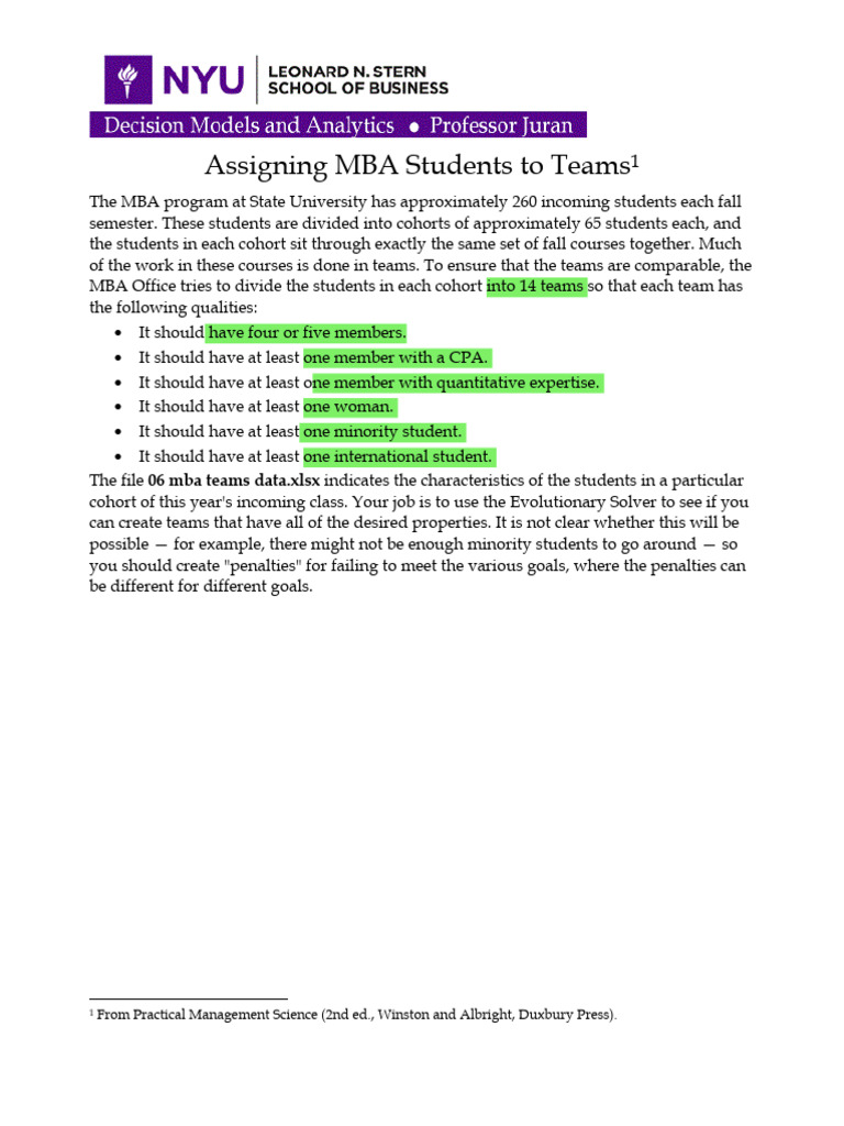 MBA Team Assignment Optimization Guide | PDF