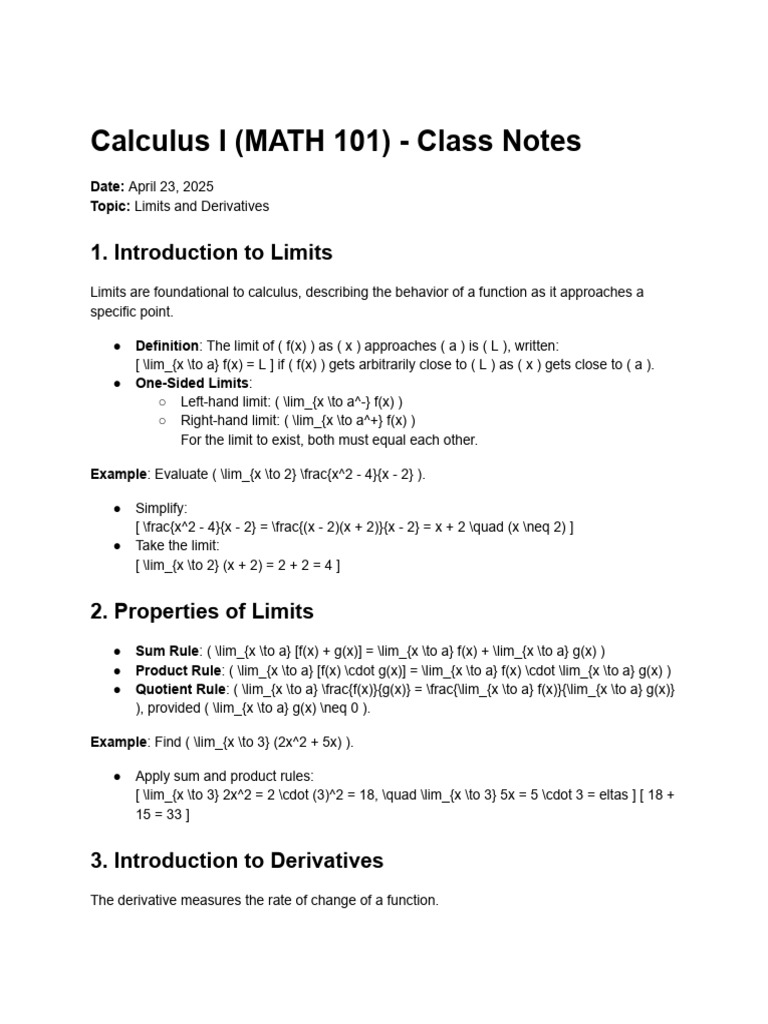 Calculus I (MATH 101) - Class Notes | PDF | Derivative | Mathematical ...