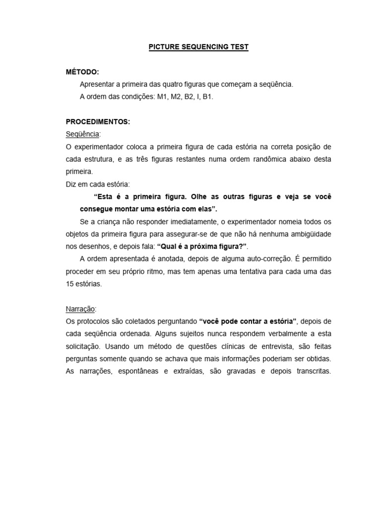 Picture Sequencing Test - Aplicação | PDF