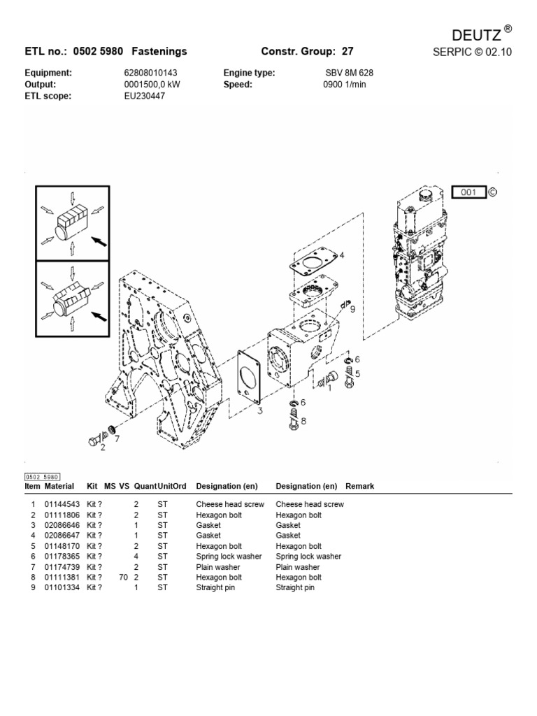 Deutz: ETL No.: 0502 5980 Fastenings Constr. Group: 27 | PDF