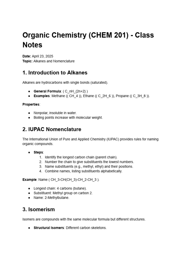Alkanes and Nomenclature Overview | PDF