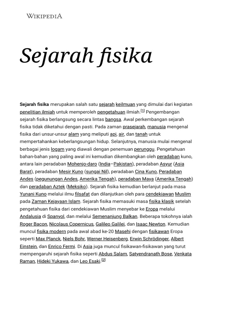 Sejarah Fisika - Wikipedia Bahasa Indonesia, Ensiklopedia Bebas | PDF