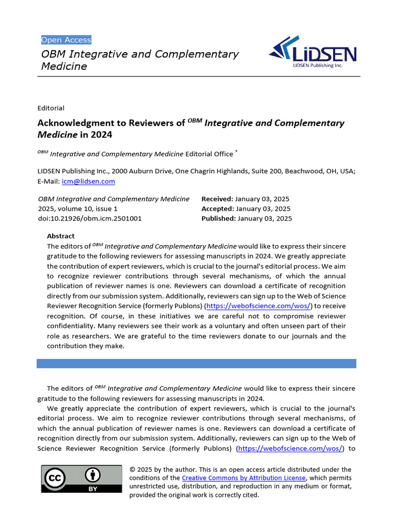 Acknowledgment To Reviewers of OBM Integrative and | PDF