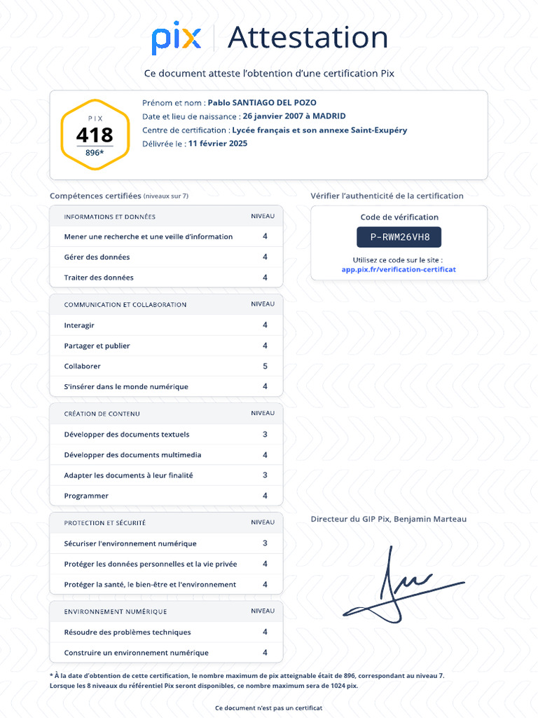 Attestation de certification Pix | PDF | Informatique | Cyberespace