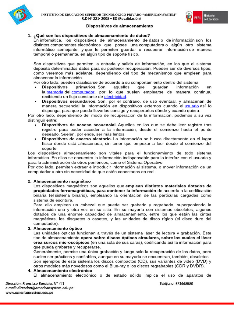 Dispositivos de Almac | PDF | Hardware de la computadora | Almacenamiento de datos de la computadora