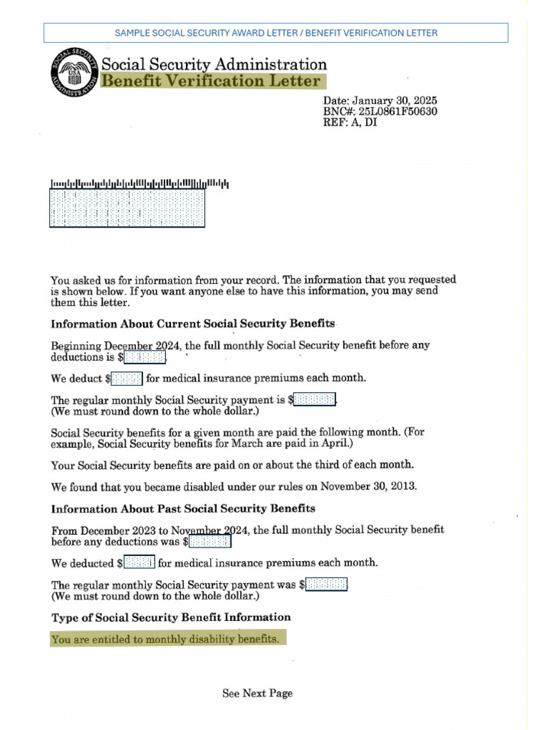 SAMPLE Social Secuirty Award Letter SSA Updated 2025 | PDF
