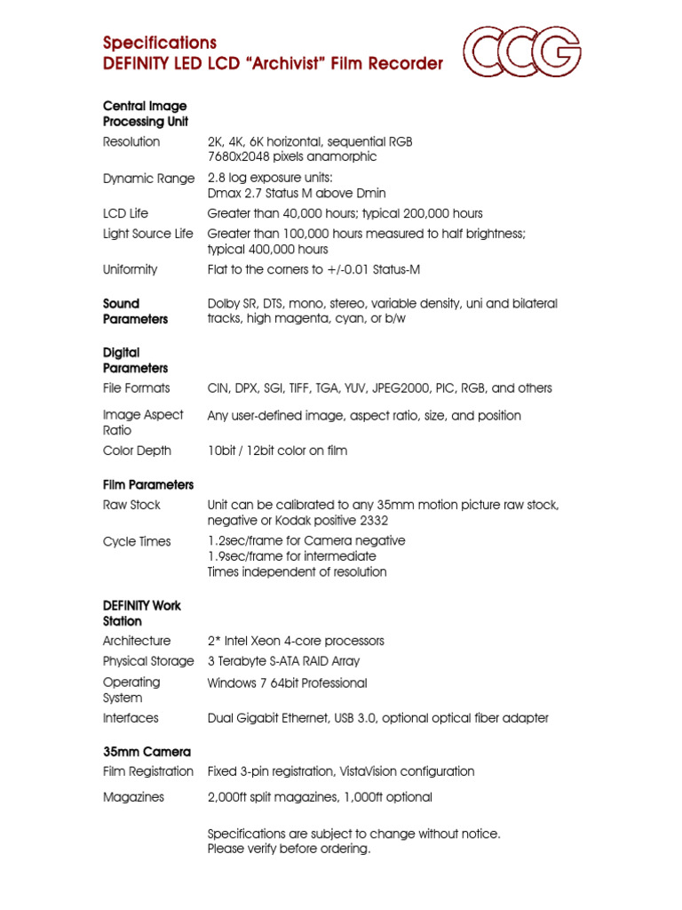 DEFINITY LED LCD Film Recorder Specs | PDF