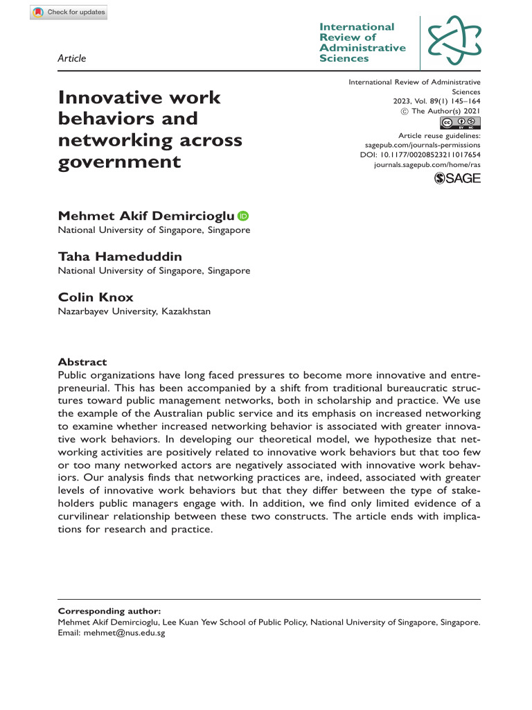 Demircioglu Et Al 2021 Innovative Work Behaviors and Networking Across Government | PDF | Survey ...