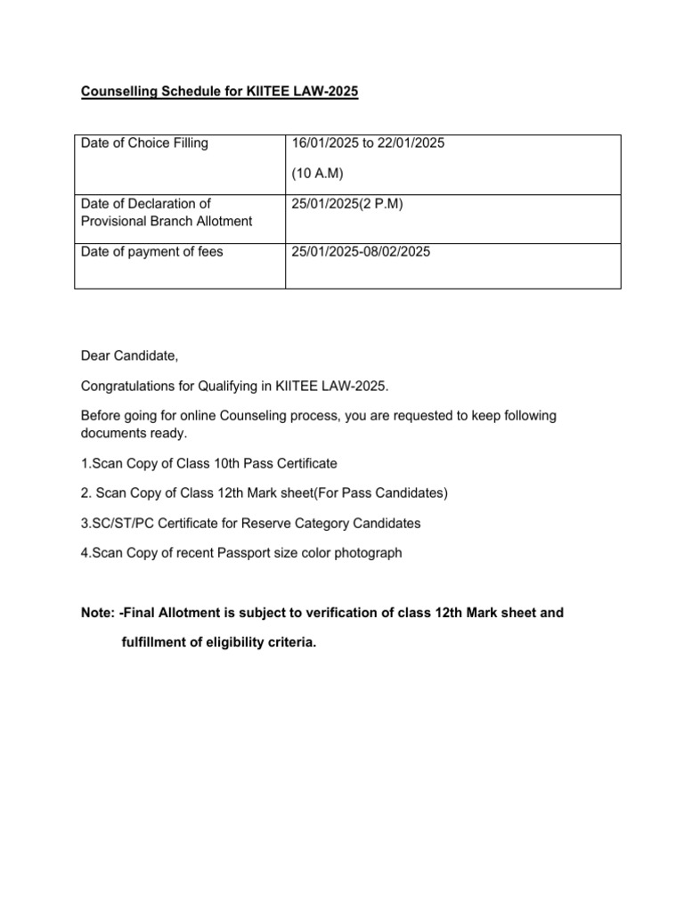 KIITEE LAW-2025 Counseling Schedule | PDF