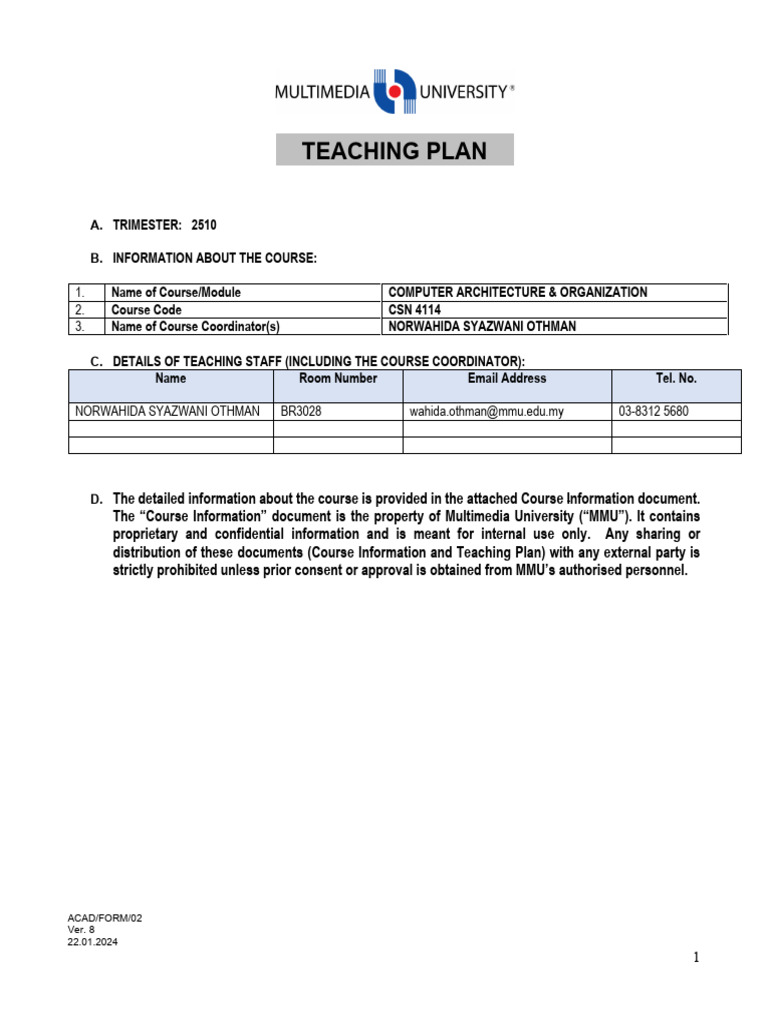 Computer Architecture Course Plan 2024 | PDF | Logic Gate | Computer Science