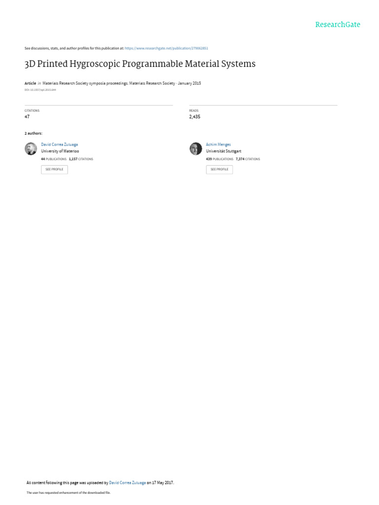 3D Printed Hygroscopic Programmable Material Systems | PDF | 3 D Printing | Composite Material