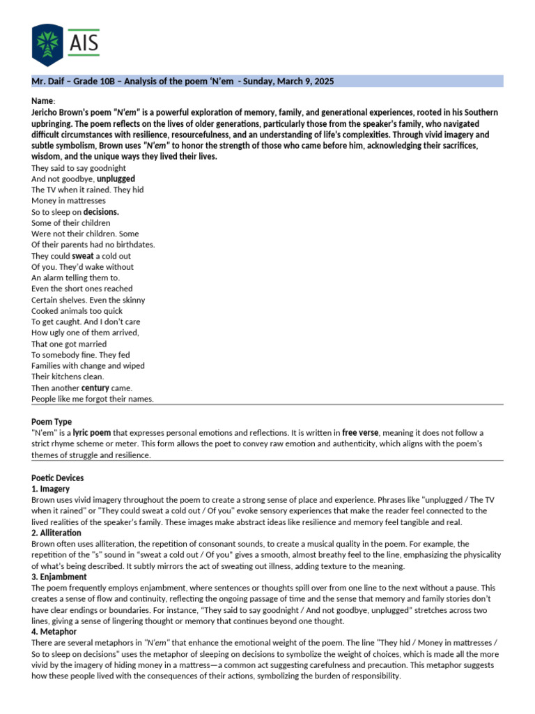 Grade 10B-Analysis of poem 'N'em | PDF | Poetry | Psychological Resilience